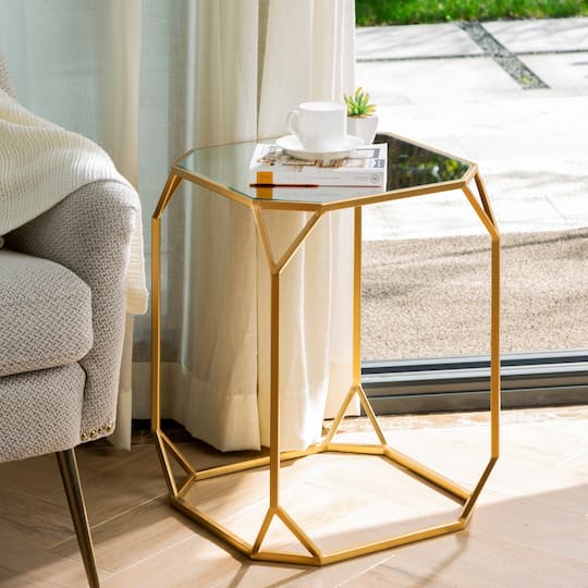 Glitzhome® Gold Metal Square Accent Table With Glass Top Set Accent